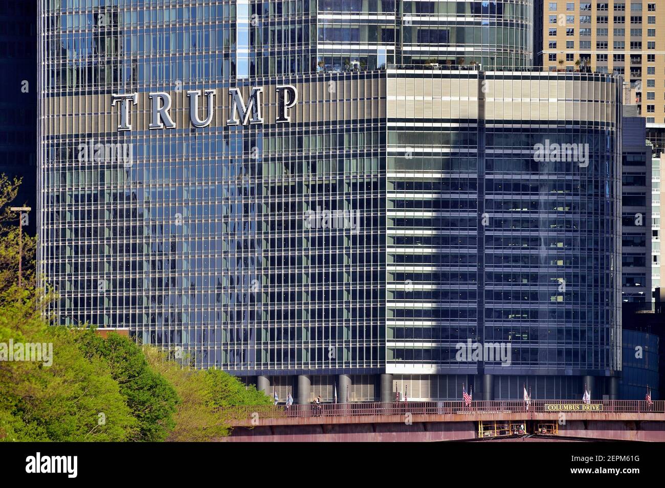 Chicago, Illinois, USA. The base of Chicago's Trump Tower highlighted ...
