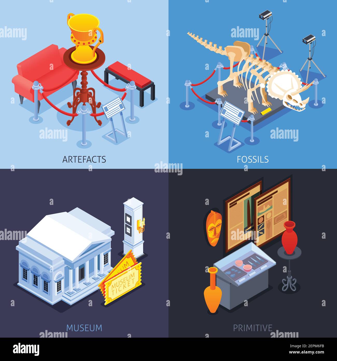 Museum isometric 2x2 design concept with compositions of museum ...