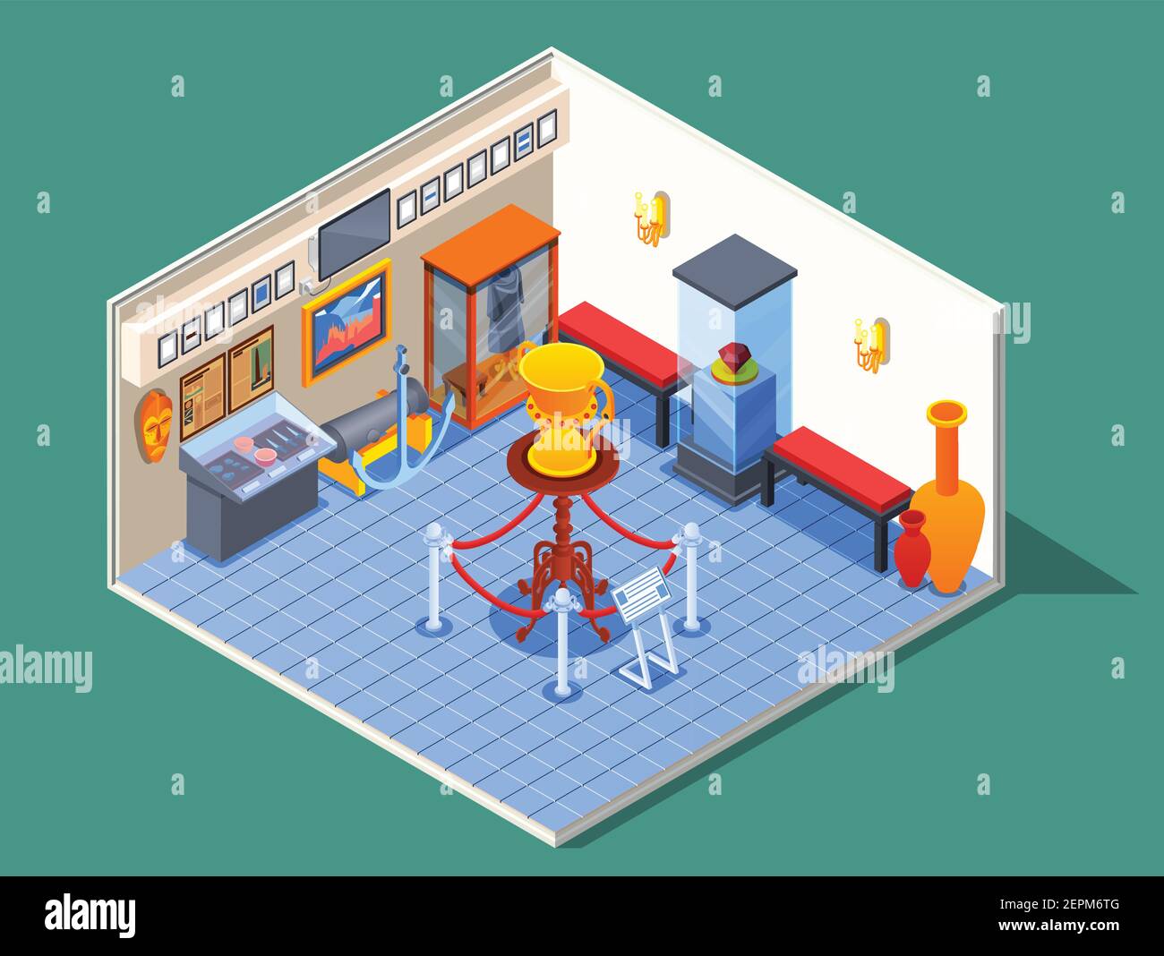 Museum isometric composition with view of museum room with specimen ...