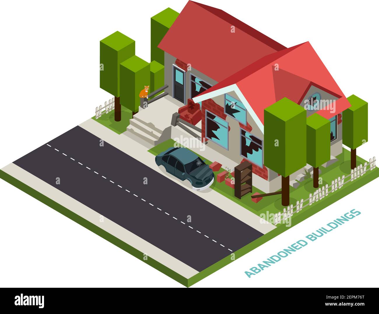 Abandoned buildings isometric design concept representing private plot ...