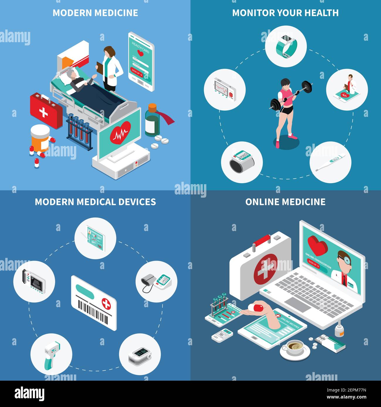 Digital medicine isometric design concept with monitoring of own health ...