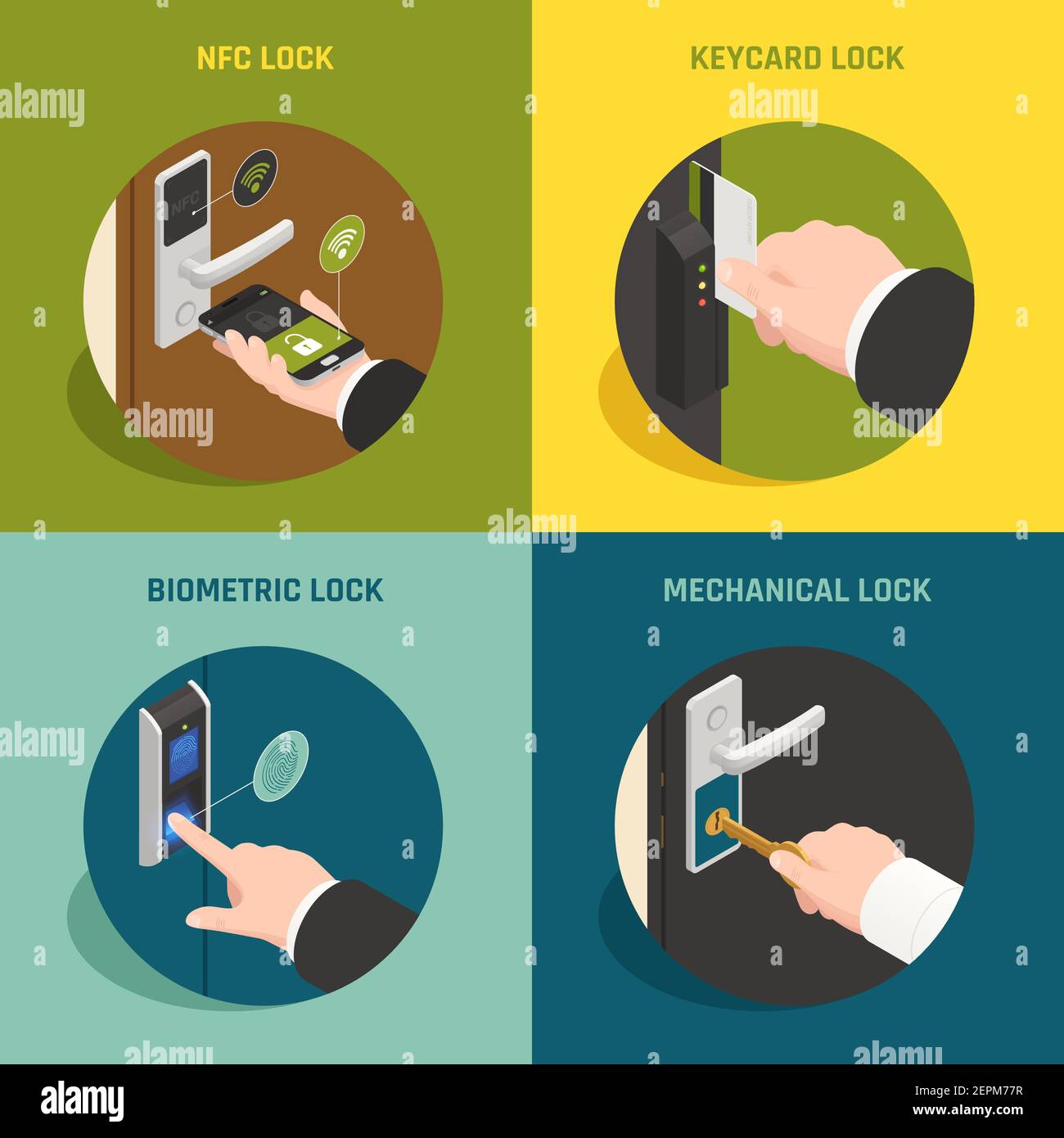 Access identifiation isometric 2x2 design concept with various door ...