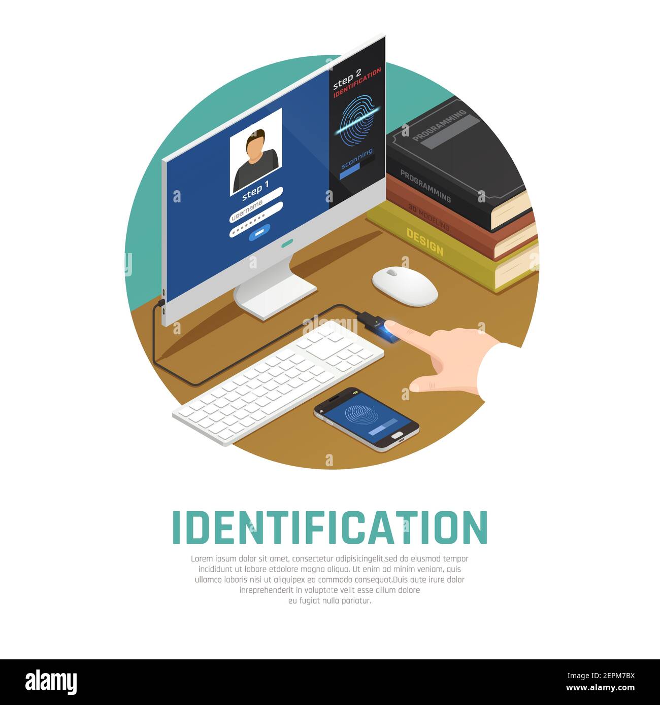 Access identification isometric composition with editable text and view ...