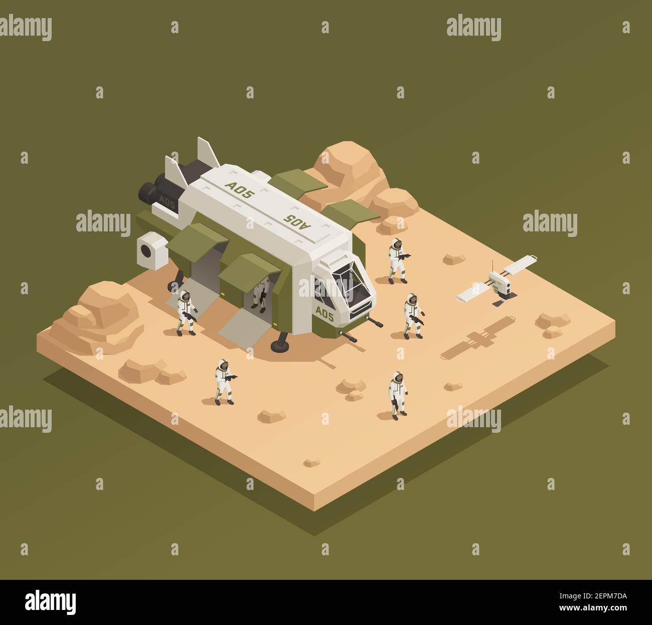 Space ship isometric composition with isometric images of astronauts ...
