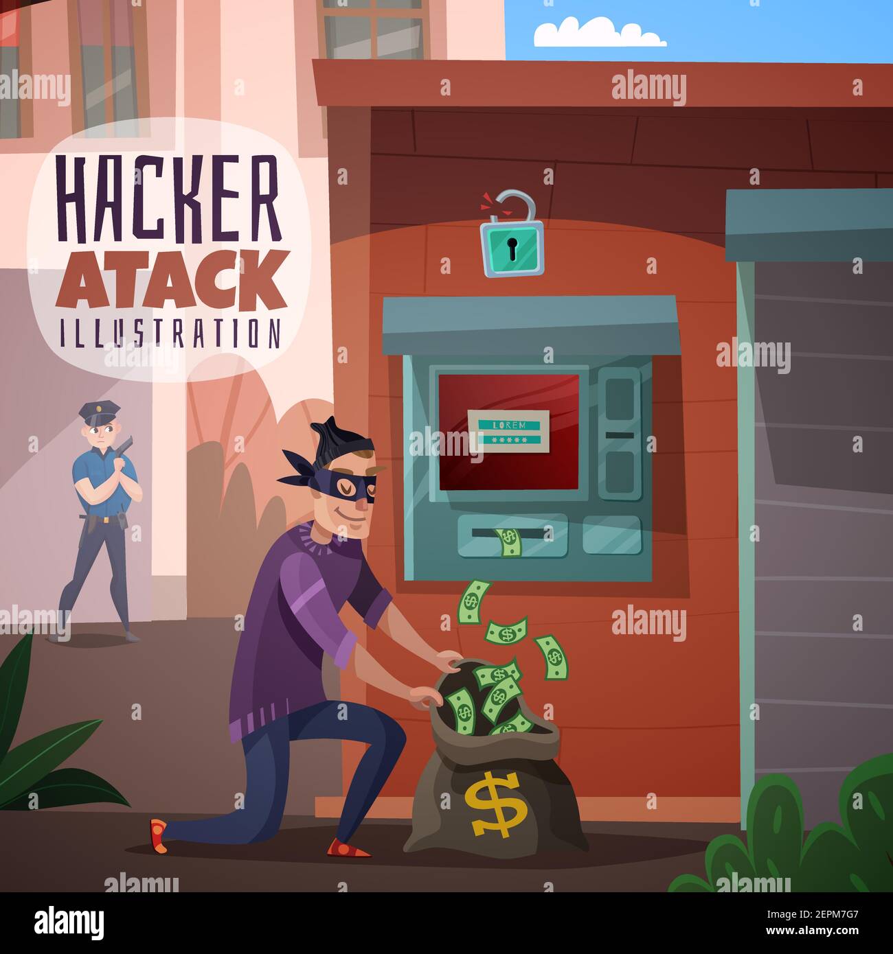 Person in mask during bank hacking and stealing money, police officer ...