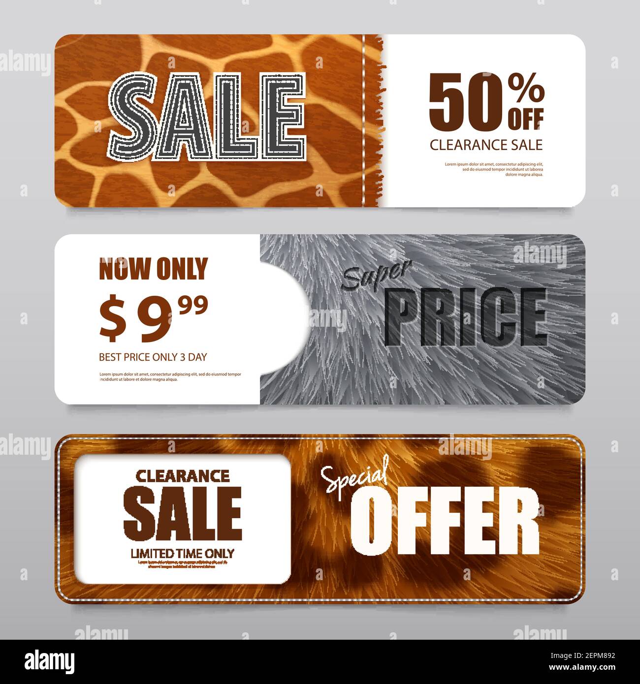 Fur sale advertising horizontal banners with percentage discount and ...