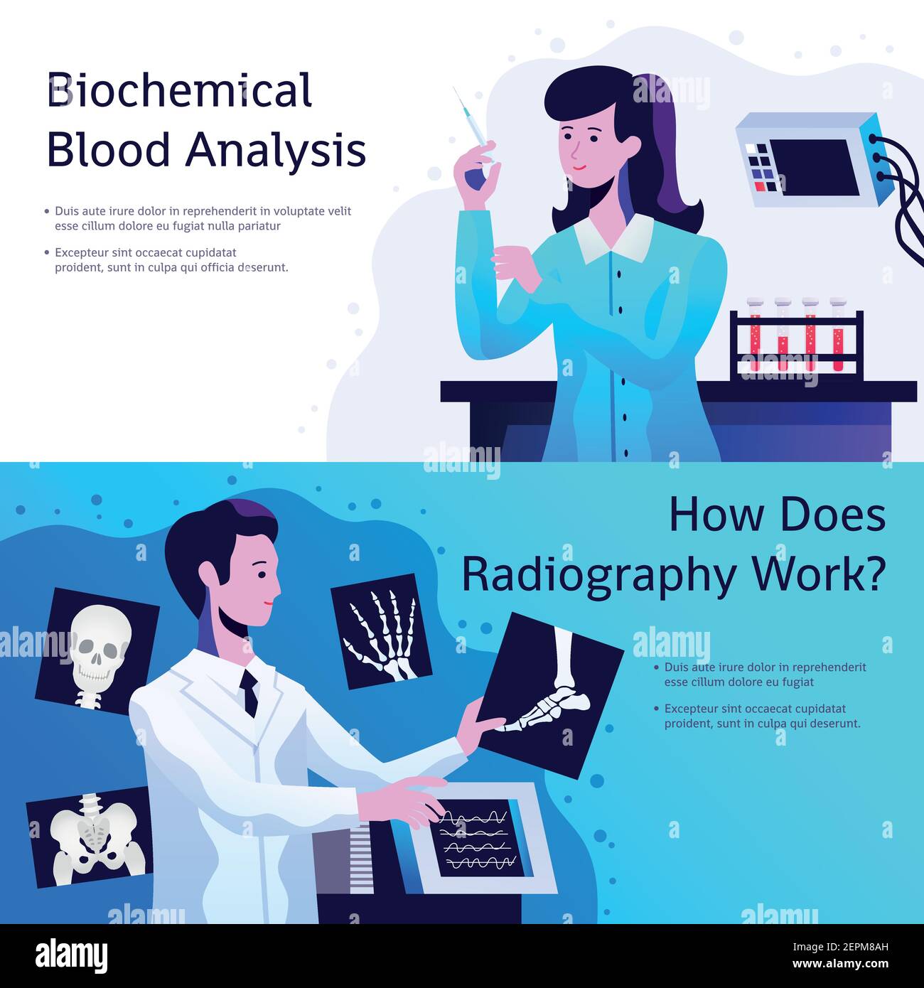 Medical care 2 horizontal banners with biochemical blood test and ...