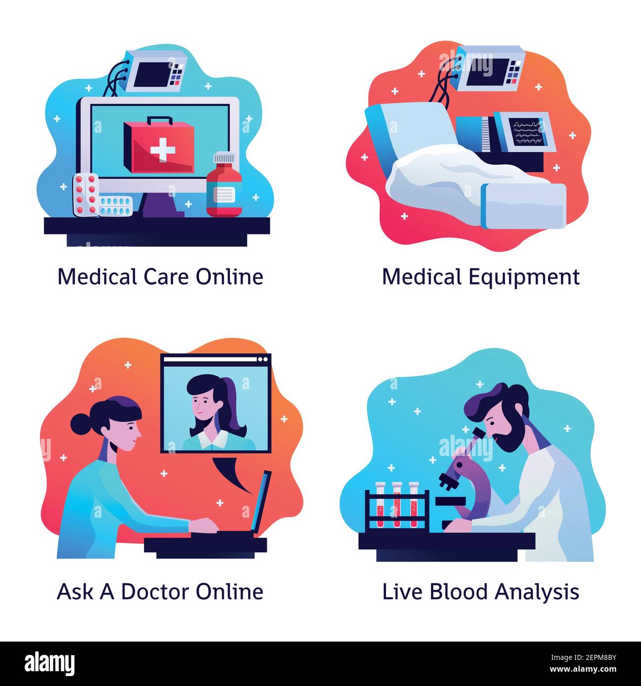 Medicine 4 icons concept design with online doctor service blood test ...