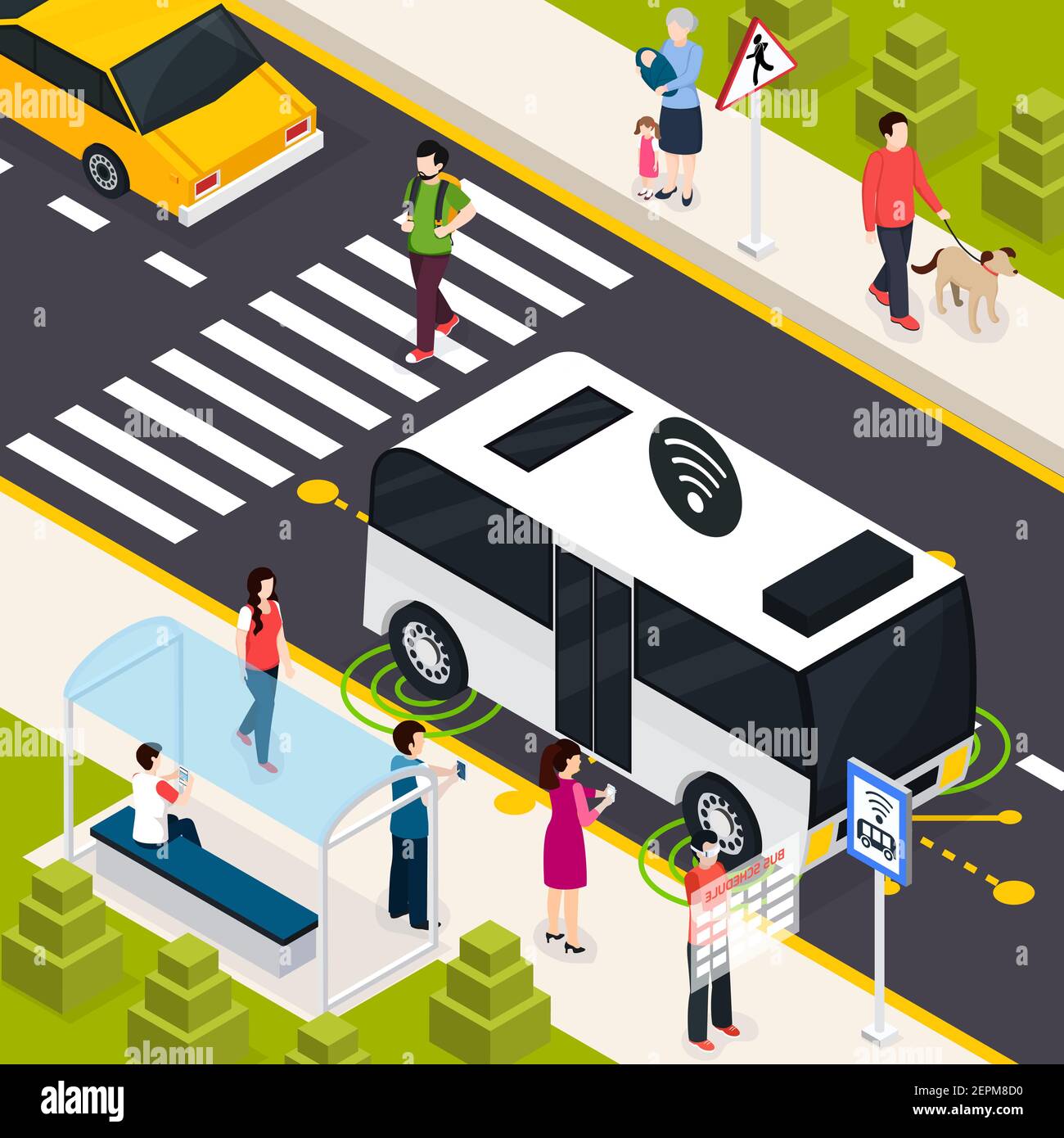 Autonomous vehicle isometric composition with pedestrians on crosswalk ...