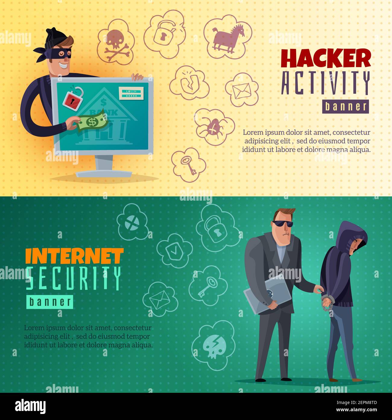 Hacker activity and internet security cartoon horizontal banners on ...