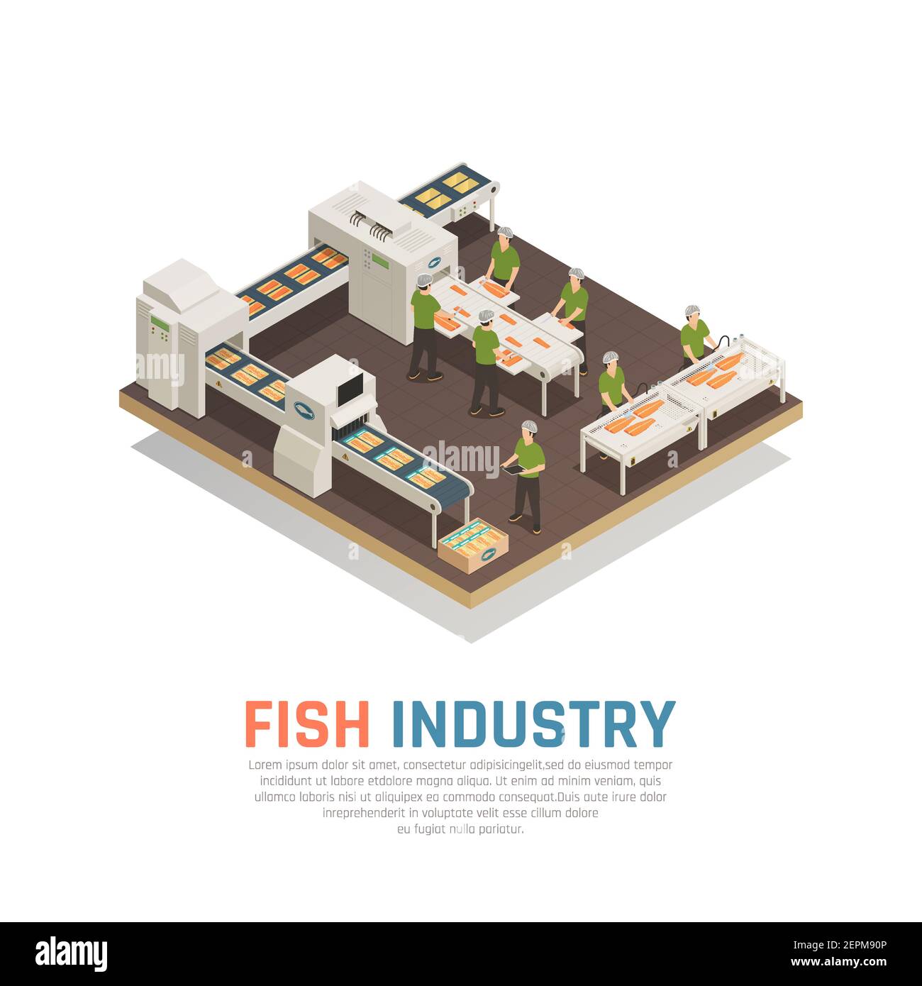 Fish industry seafood production isometric composition with view of sea ...