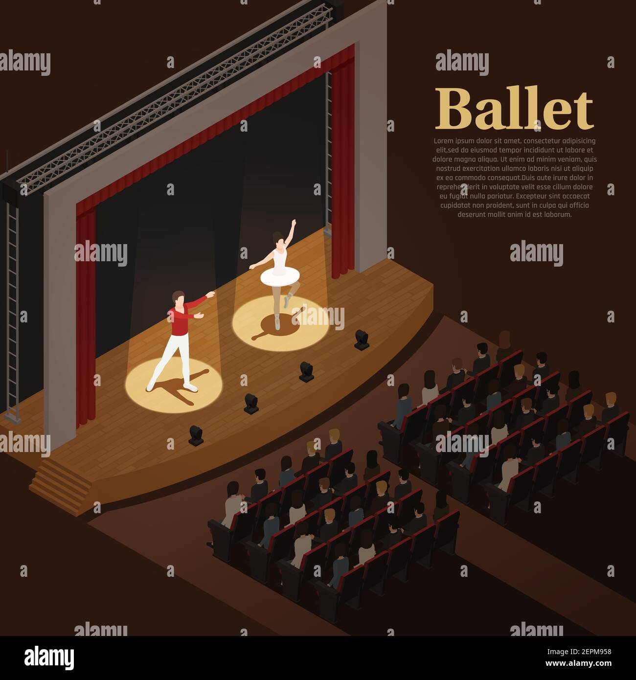 Theatre isometric icons composition with view of auditorium with ...
