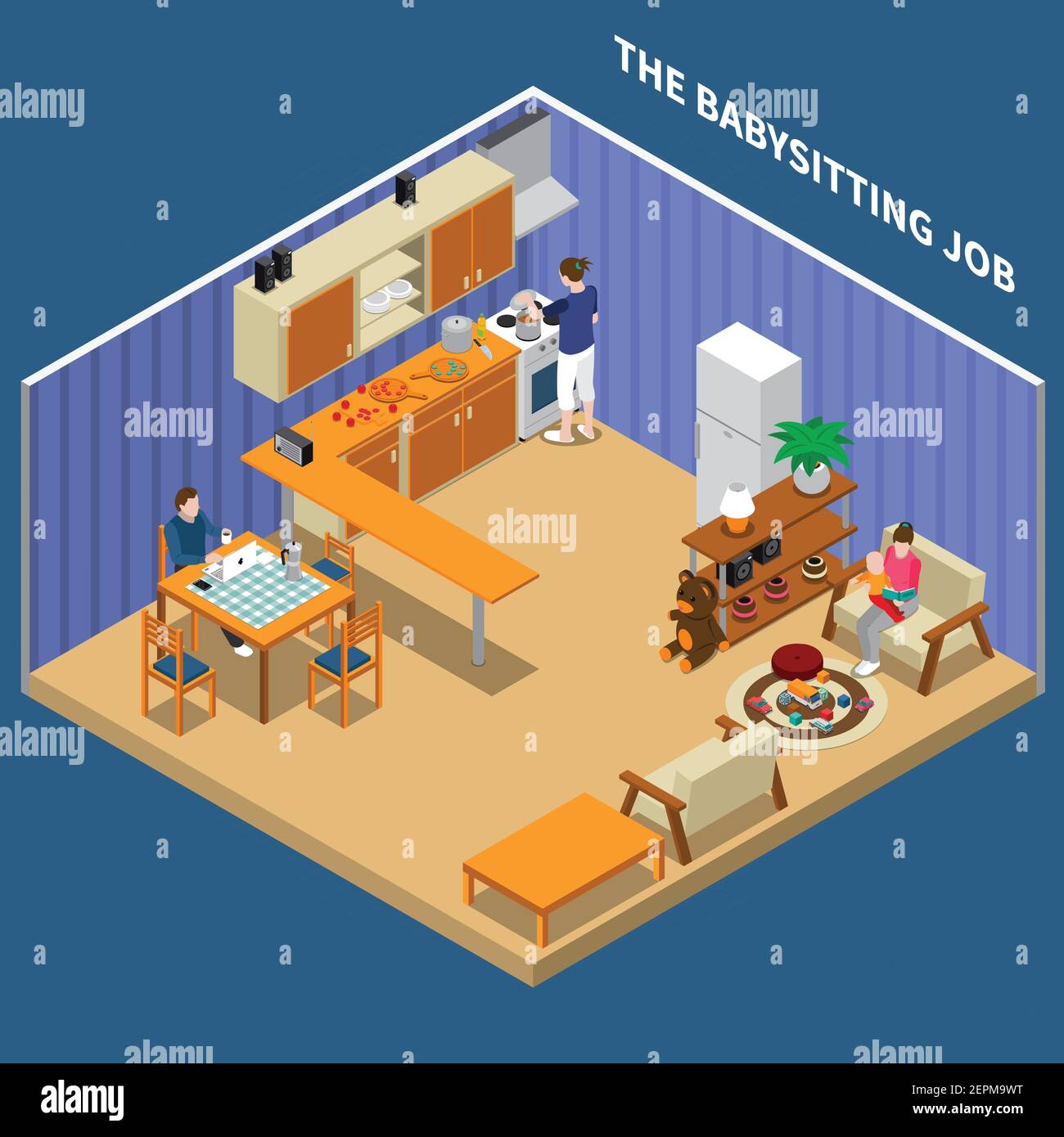 Baby sitting job isometric composition with mother at kitchen, father ...