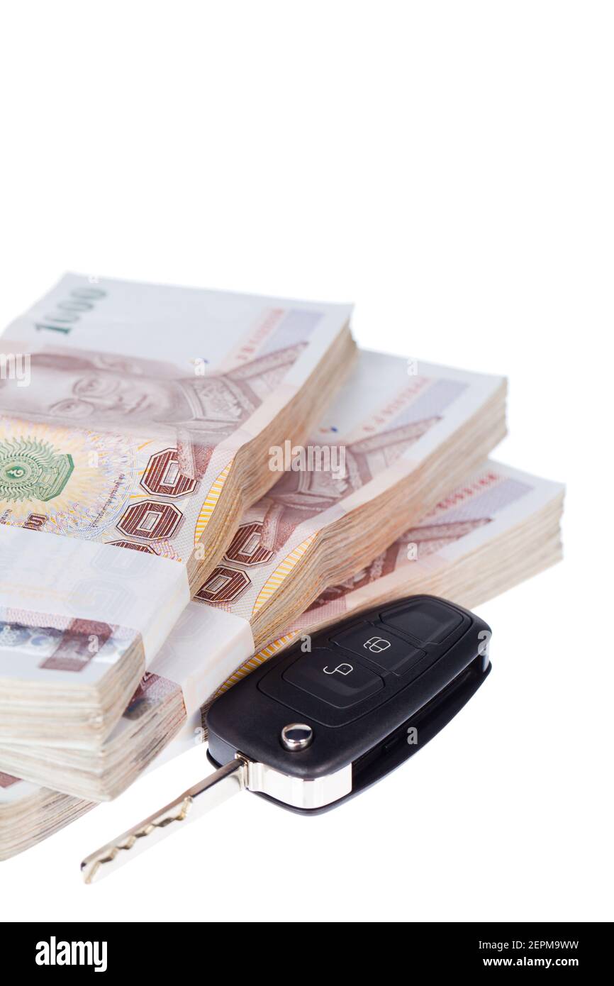 Stacks of banknotes with car key,Isolated on white background Stock ...