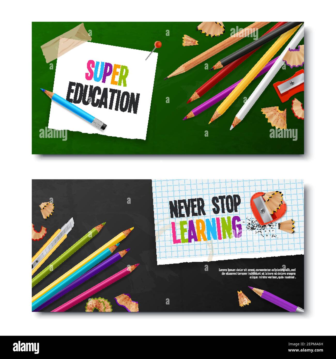 Two education realistic banners with colored pencils and notebook sheet ...