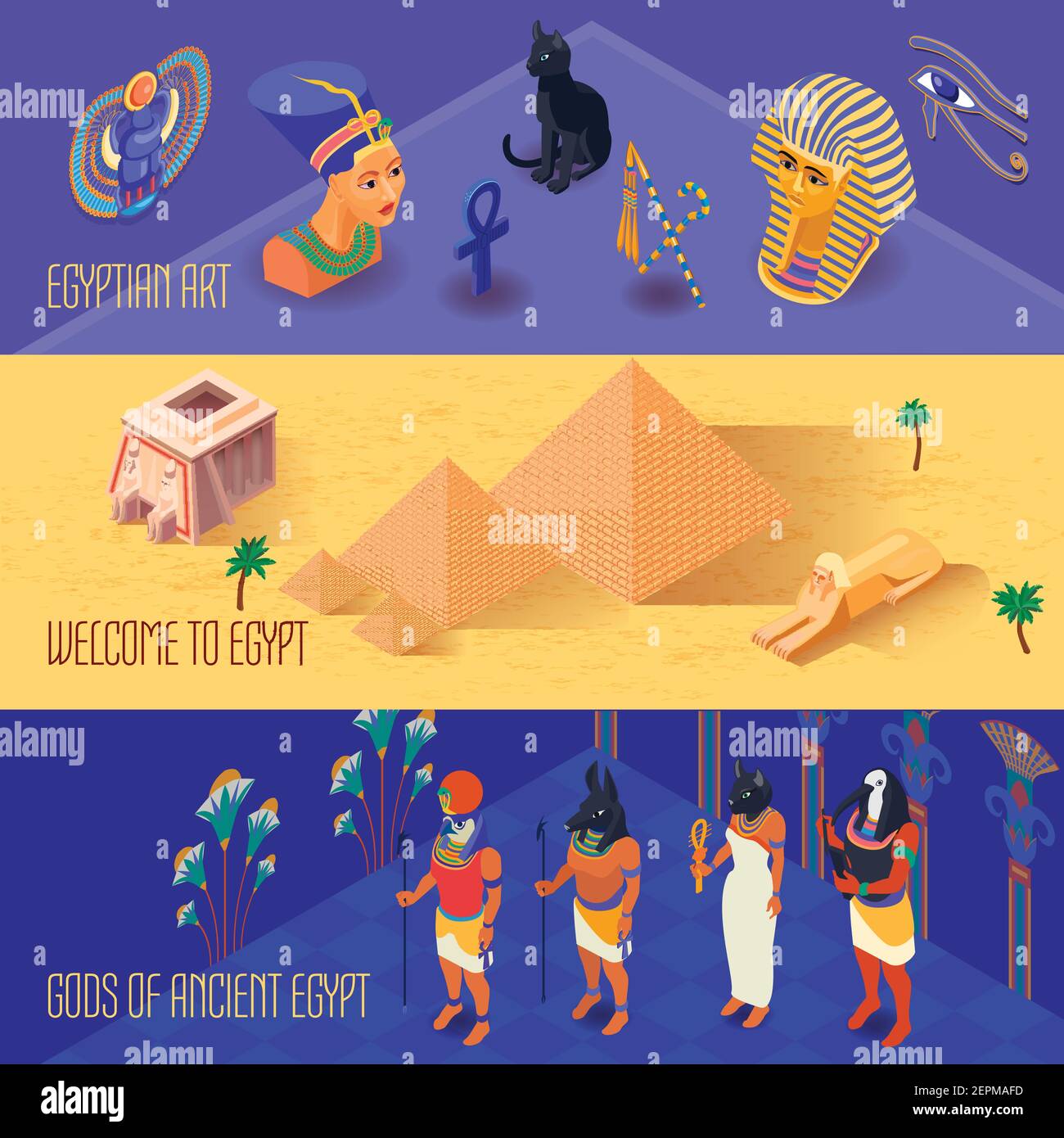 Isometric horizontal banners set with ancient egyptian gods and art 3d ...