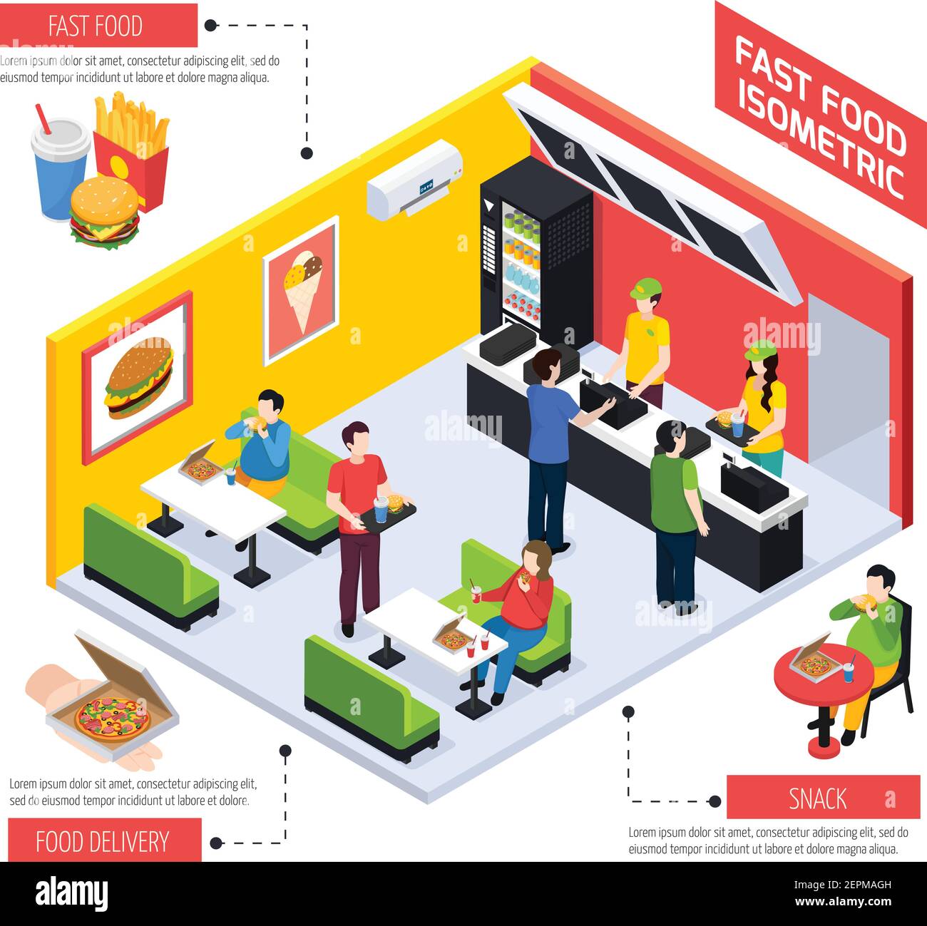 Fast food restaurant isometric composition including clients with ...