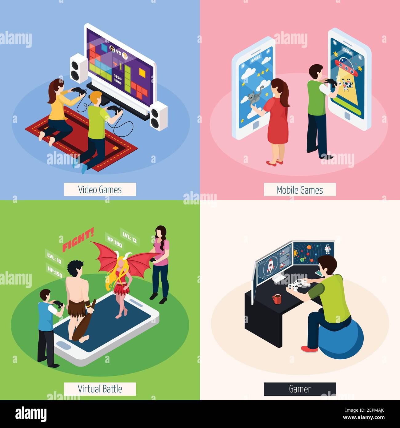 Gamers with electronic equipment isometric design concept with video ...