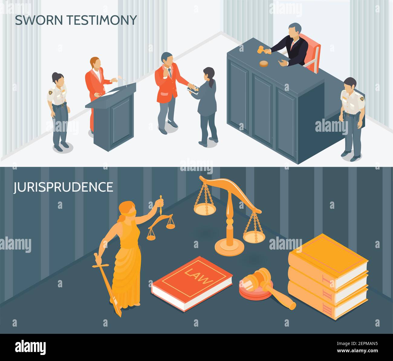 Isometric horizontal banners set with process of sworn testimony and ...