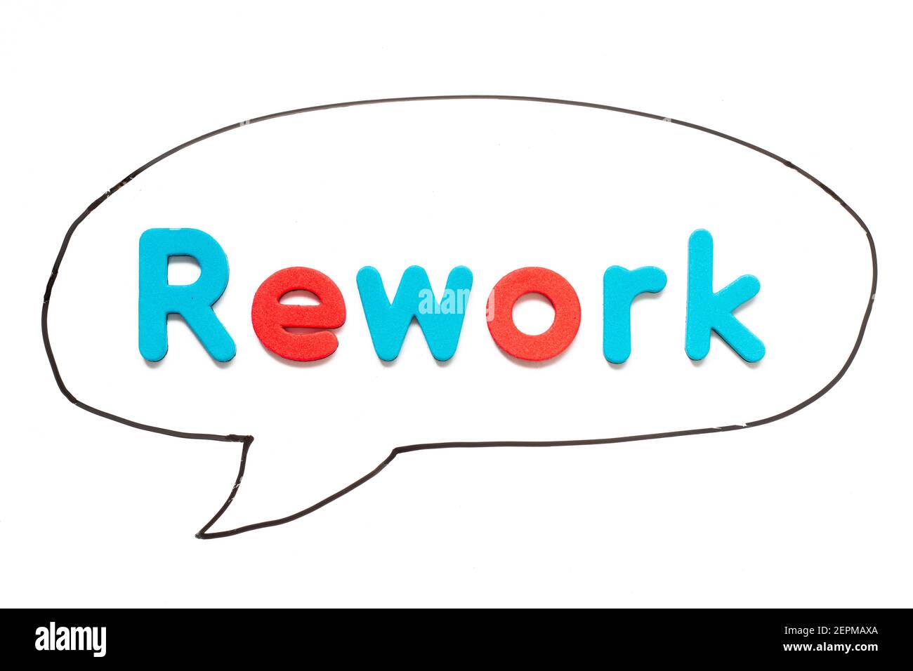 Alphabet letter with word rework in black line hand drawing as bubble ...