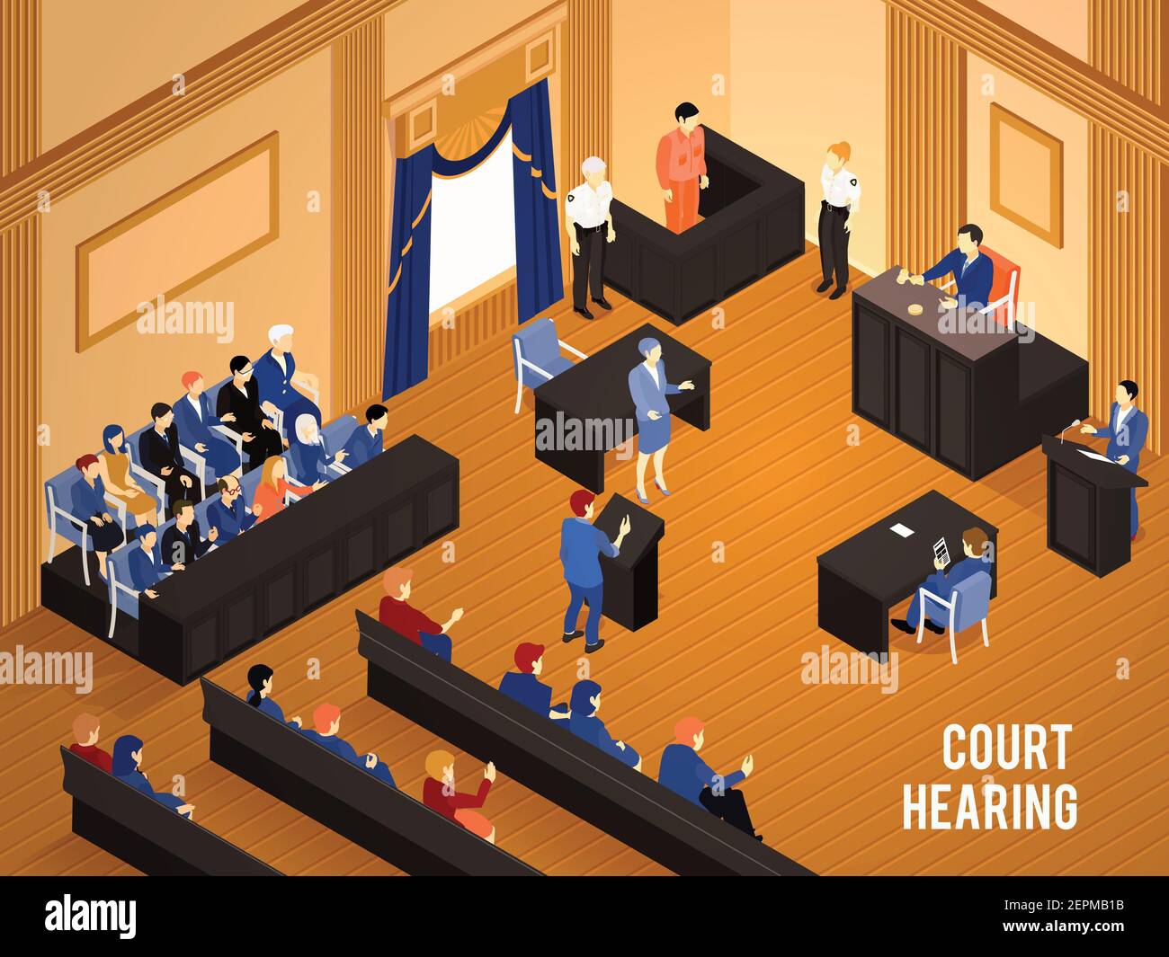 Court hearing with judge jury and witnesses 3d isometric vector ...