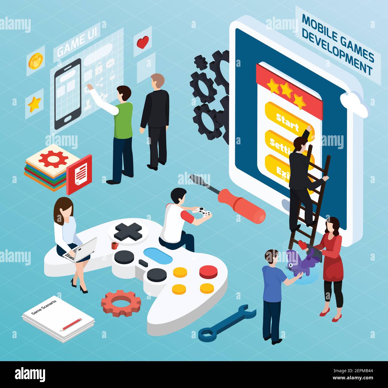 Mobile games development isometric composition on blue background with ...