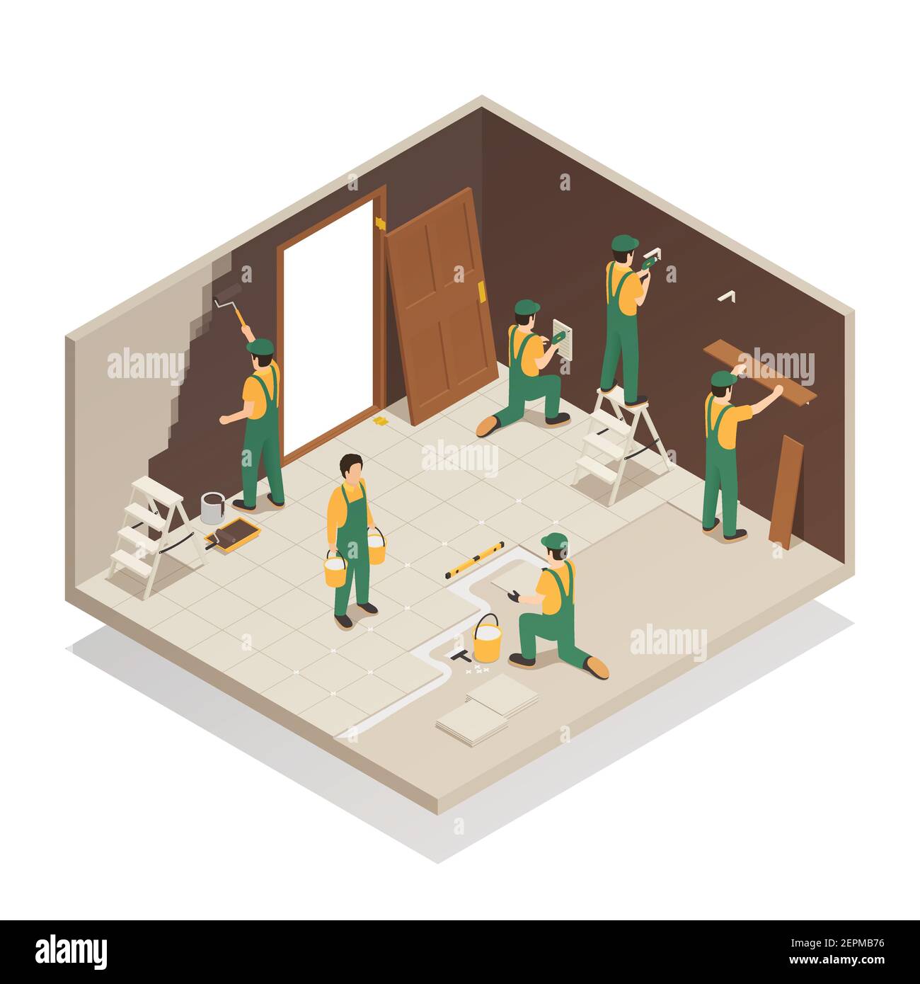 Home renovation remodeling repair isometric composition with workers ...