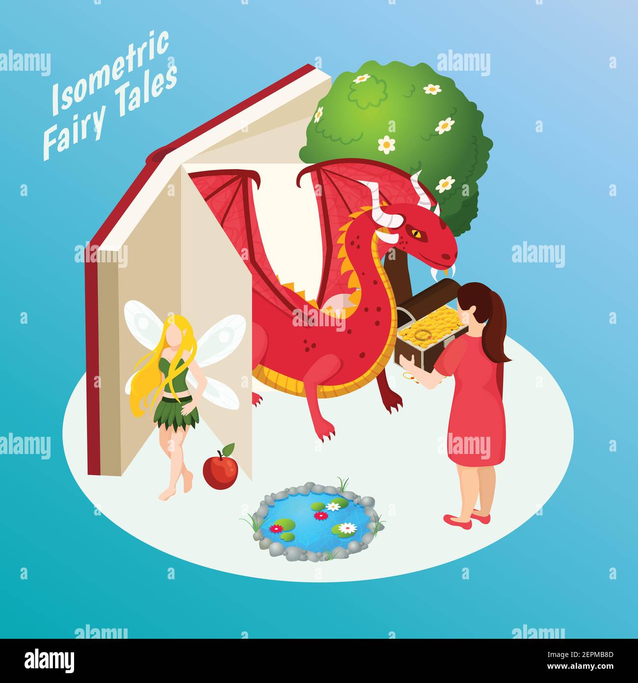 Fairy tales isometric composition on blue background with open book ...