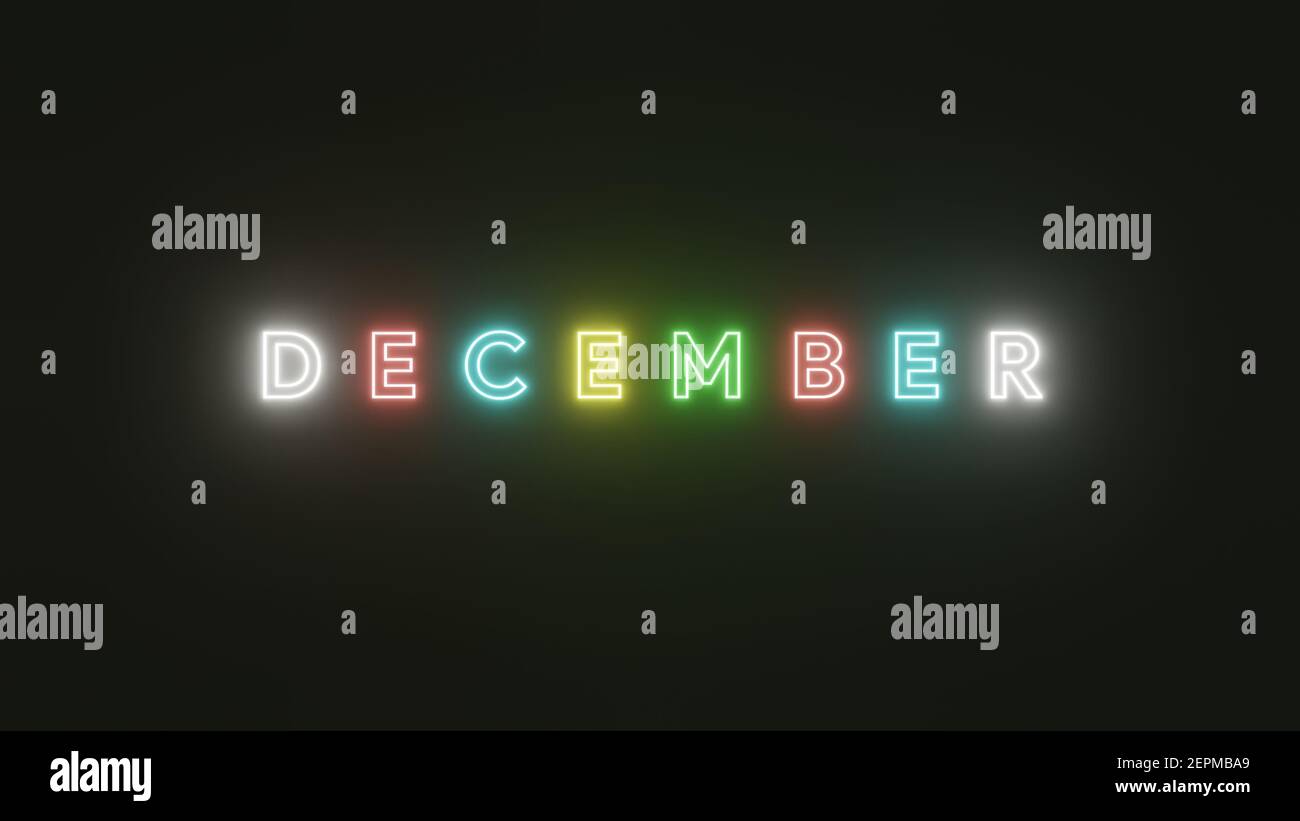 December text neon light colorful on black background simple . 3d ...