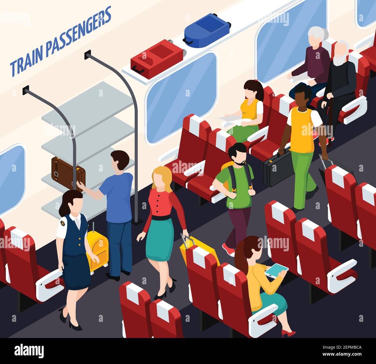 Passengers and woman conductor in train interior with red armchairs ...