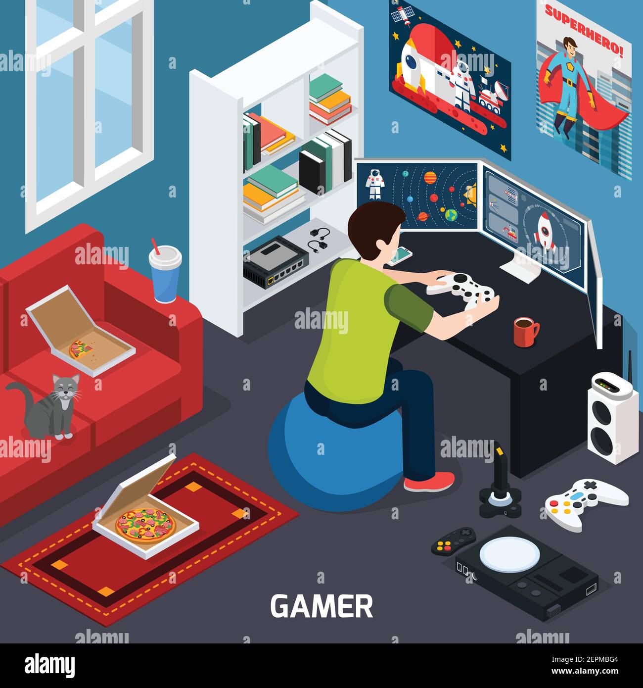 Gamer with control panel near screen during computer gaming in home ...