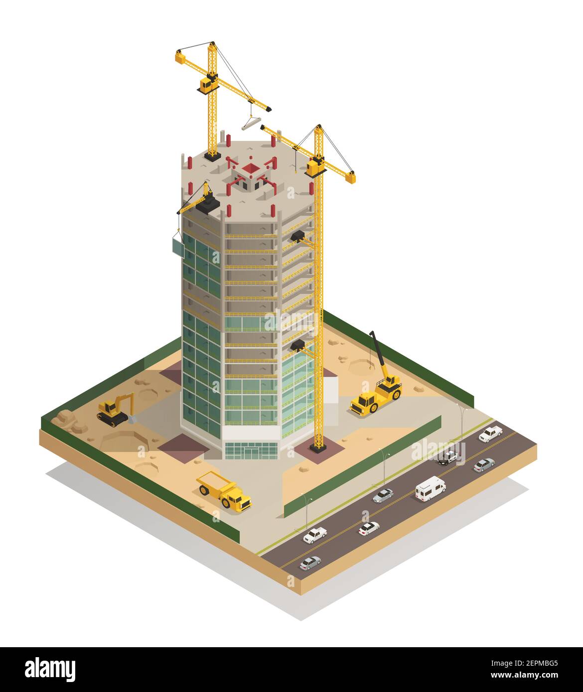 Skyscraper construction isometric composition with adjacent street tower cranes machinery and ...