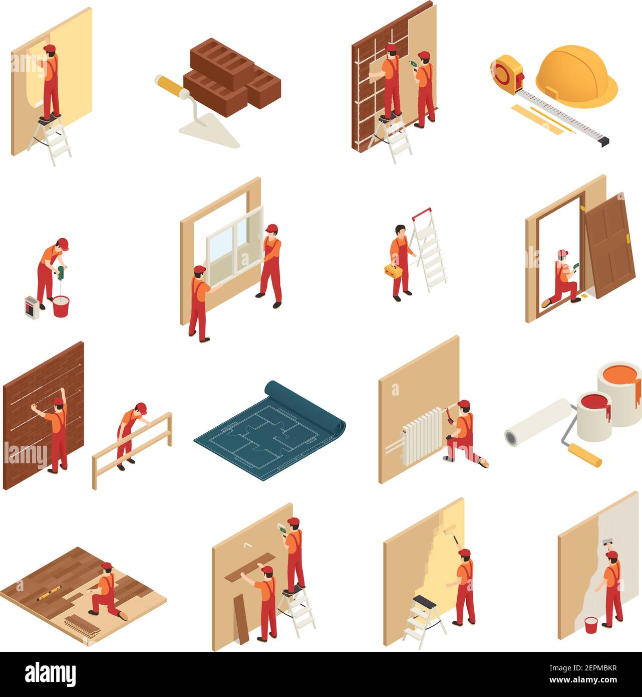 Home renovation isometric icons set with tiling hanging wallpaper ...