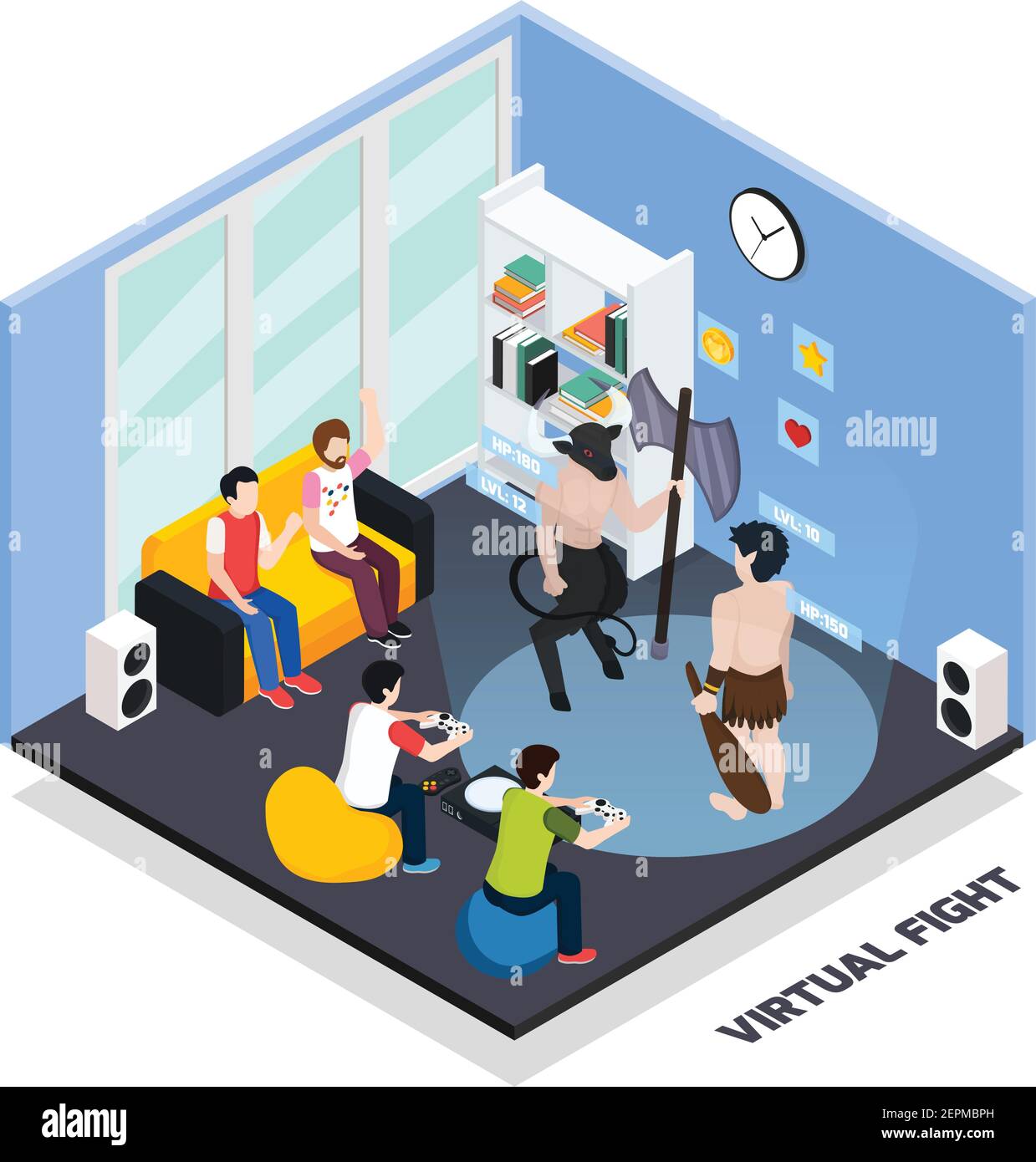 Virtual fight isometric composition with gaming characters, gamers with ...