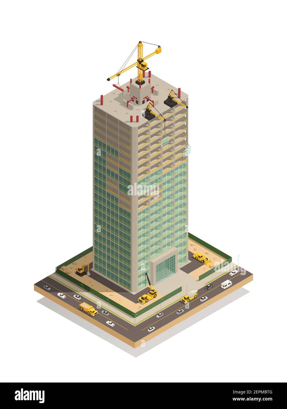Skyscraper construction site isometric composition with adjacent busy ...
