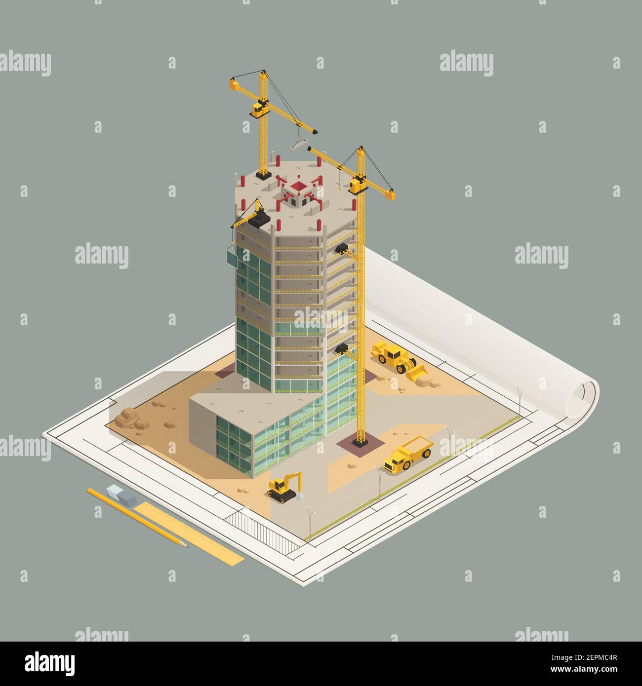 Skyscraper construction completion isometric composition on ...