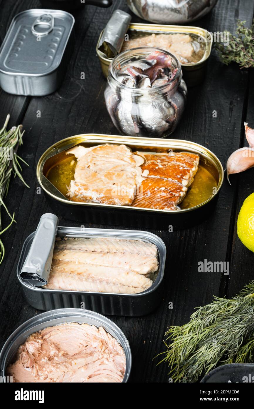 Salmon, tuna, trout mackerel and anchovy - Canned fish in tin cans set ...