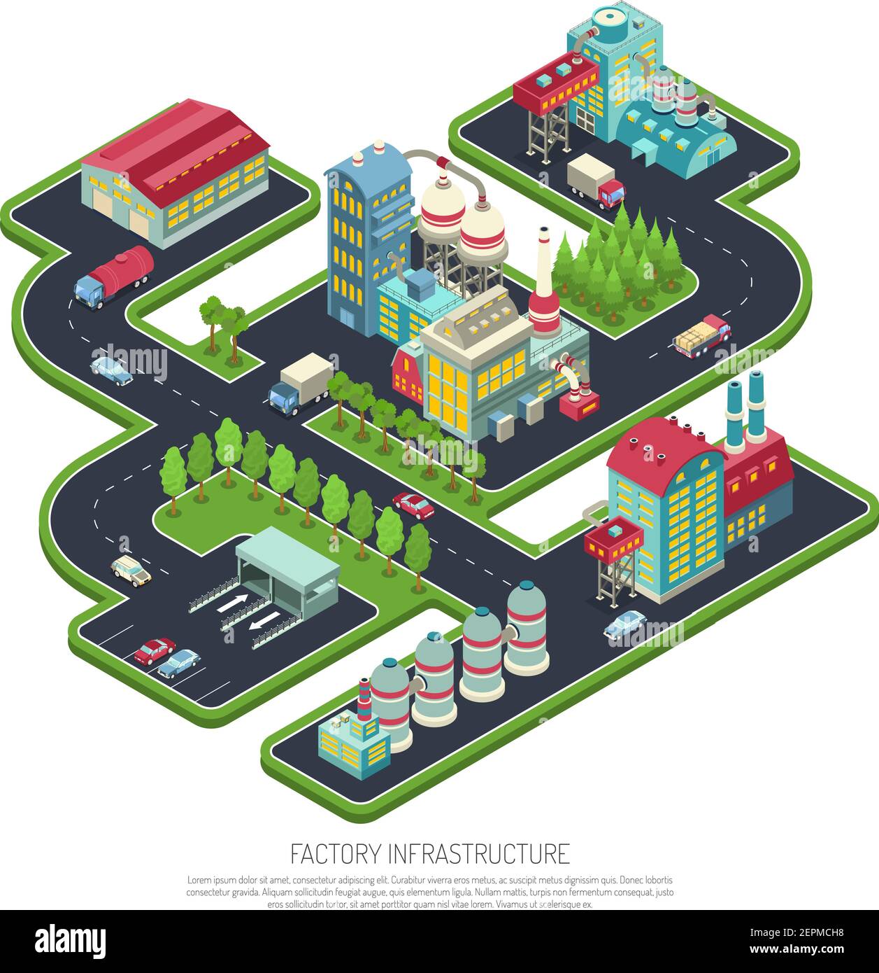 Factory infrastructure isometric composition with industrial facilities ...