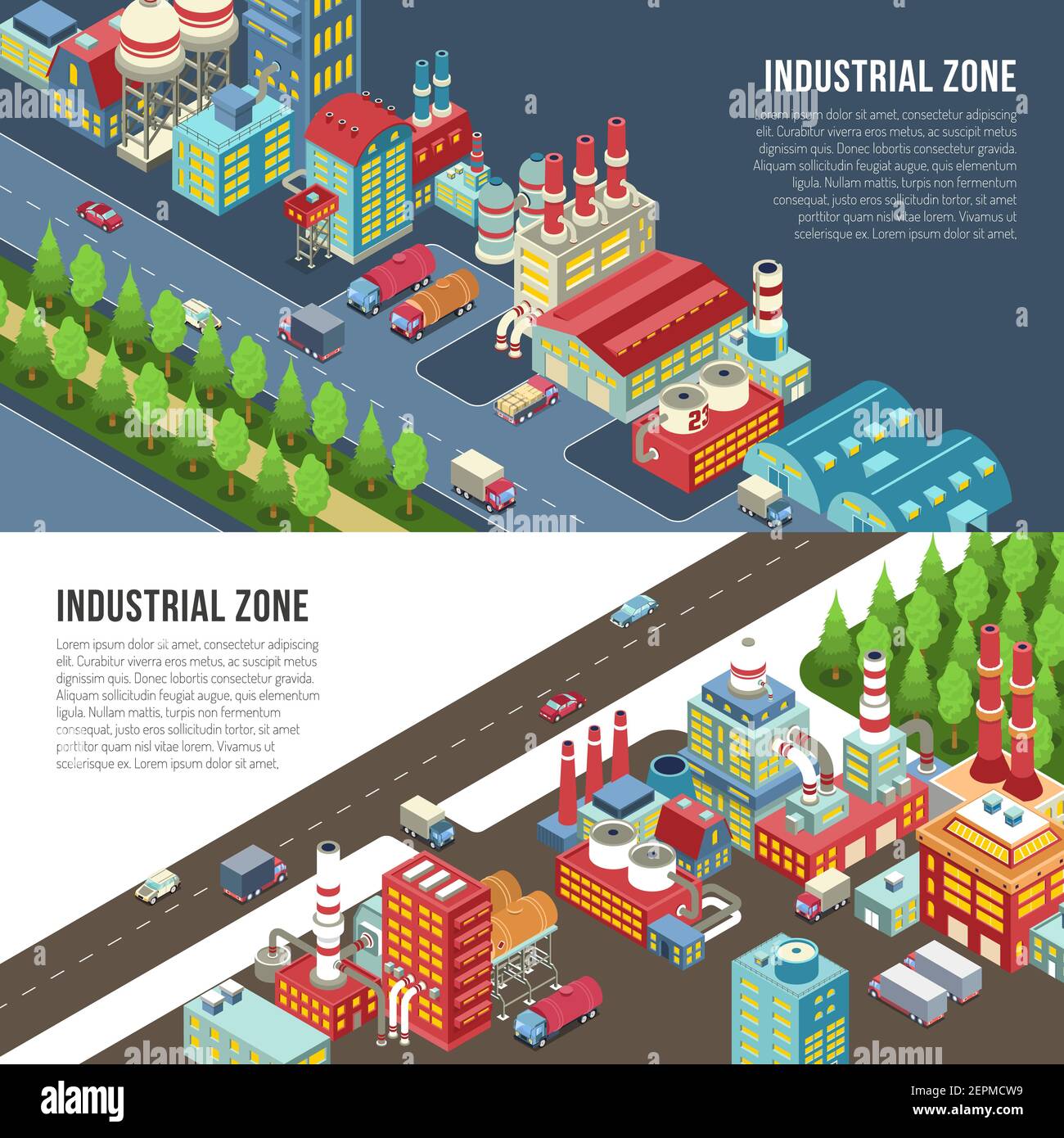 Industrial zone near roadway horizontal banners with engineering plants ...