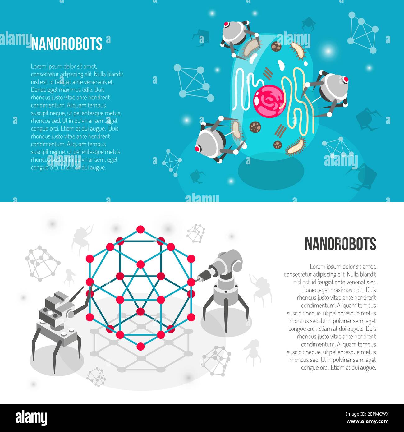 Set of horizontal isometric banners with nano robots, lattice, cell ...