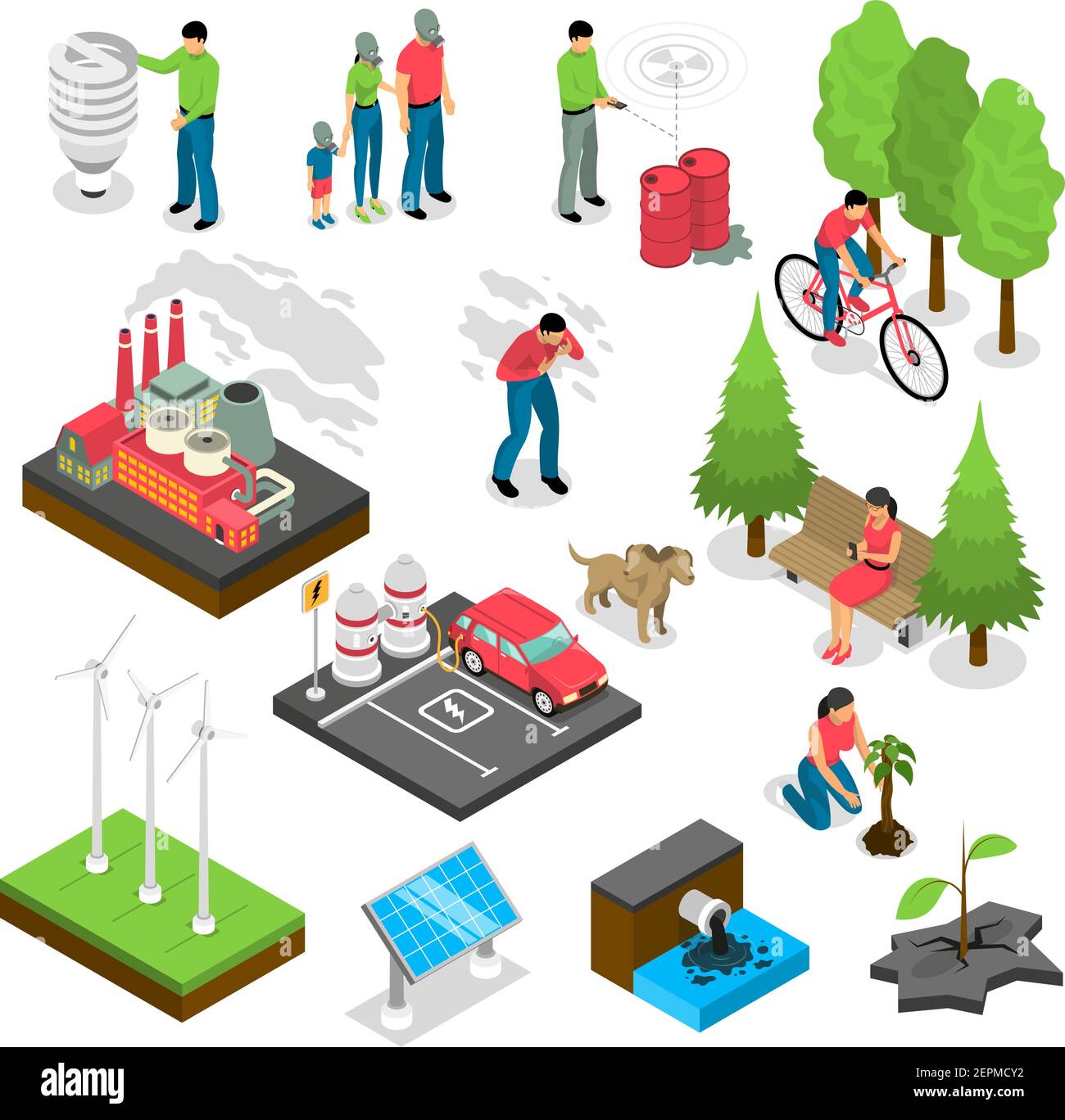 Ecology isometric set with green energy, air and water pollution ...