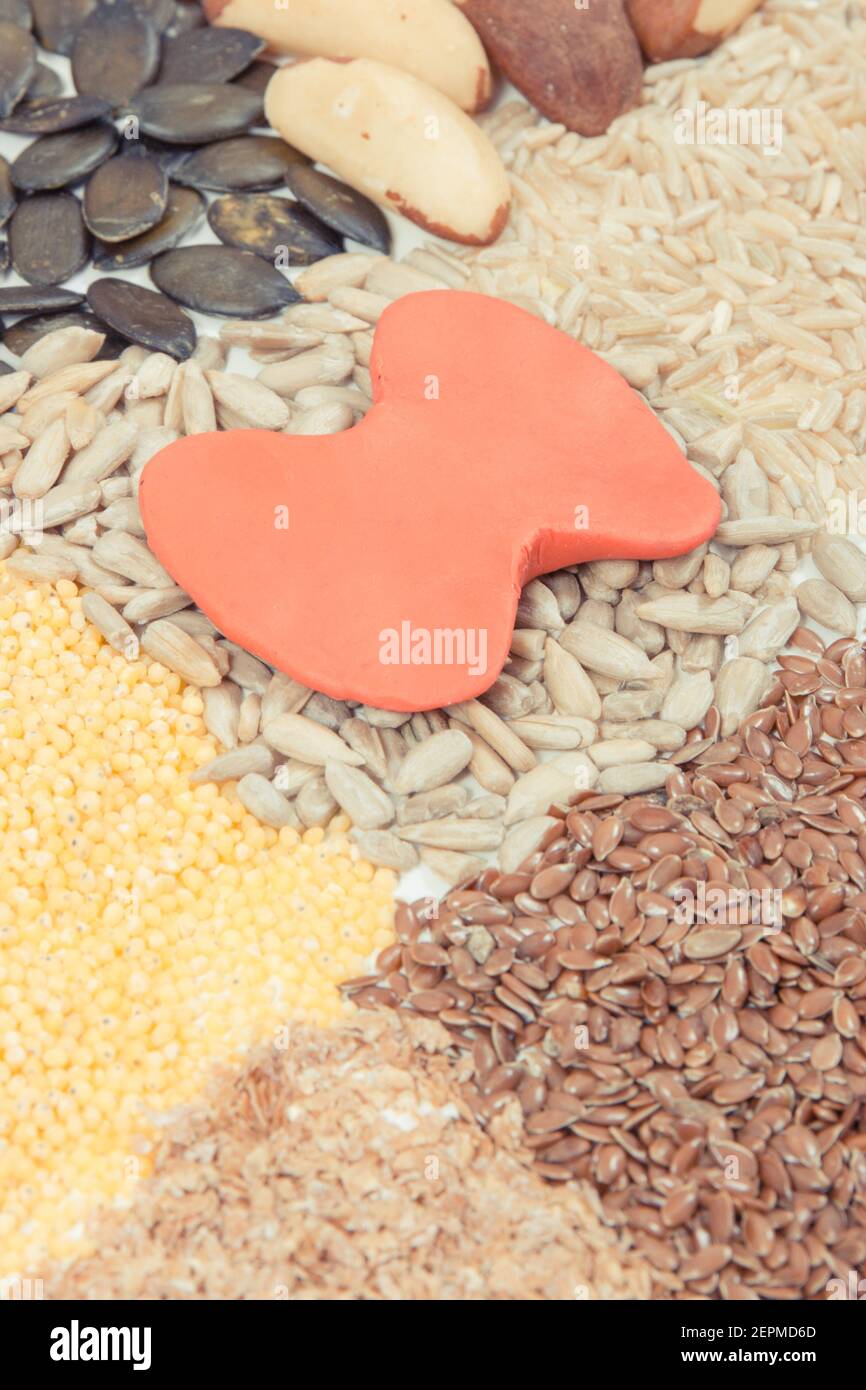 Nutritious ingredients and thyroid shape. Healthy food containing ...