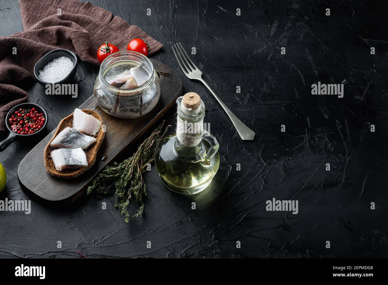 Atlantic wild herring, Pickled Canned fish preserves set, on wooden ...