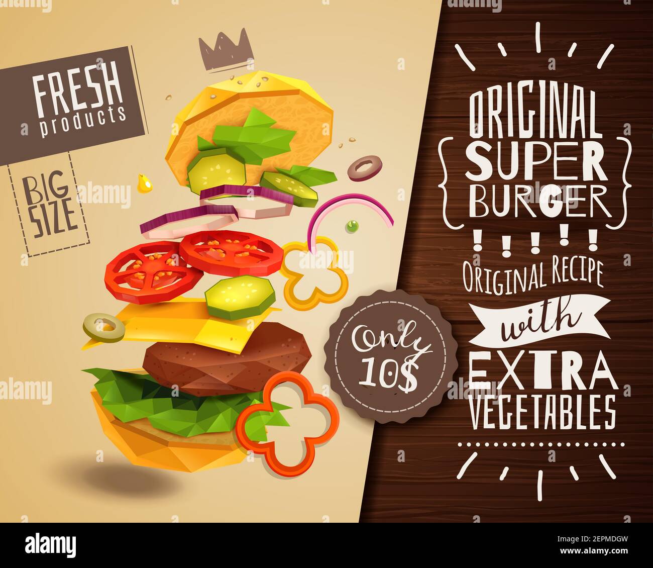 3D hamburger on beige background with beef patty and vegetables ...
