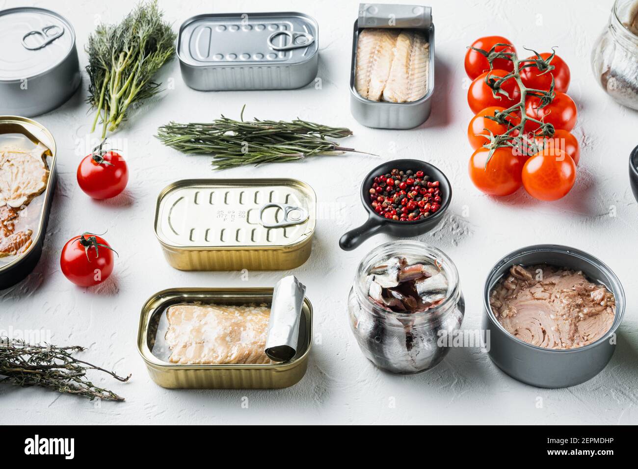Canned fish with different assortment types of seafood set, on white ...