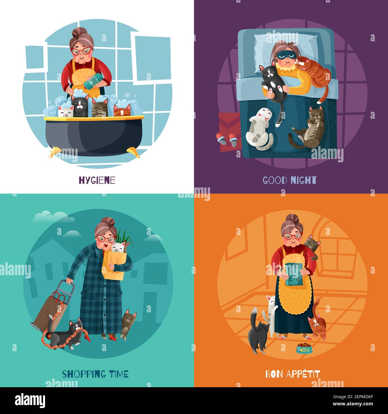 Lady with various cats during pet hygiene, night rest, shopping and ...