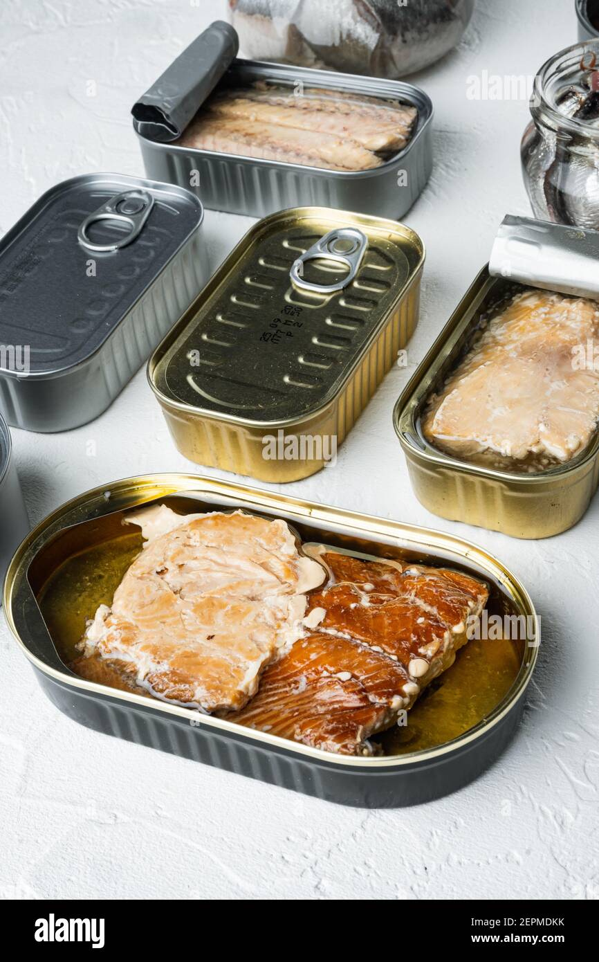 Canned fish with different assortment types of seafood set, on white ...