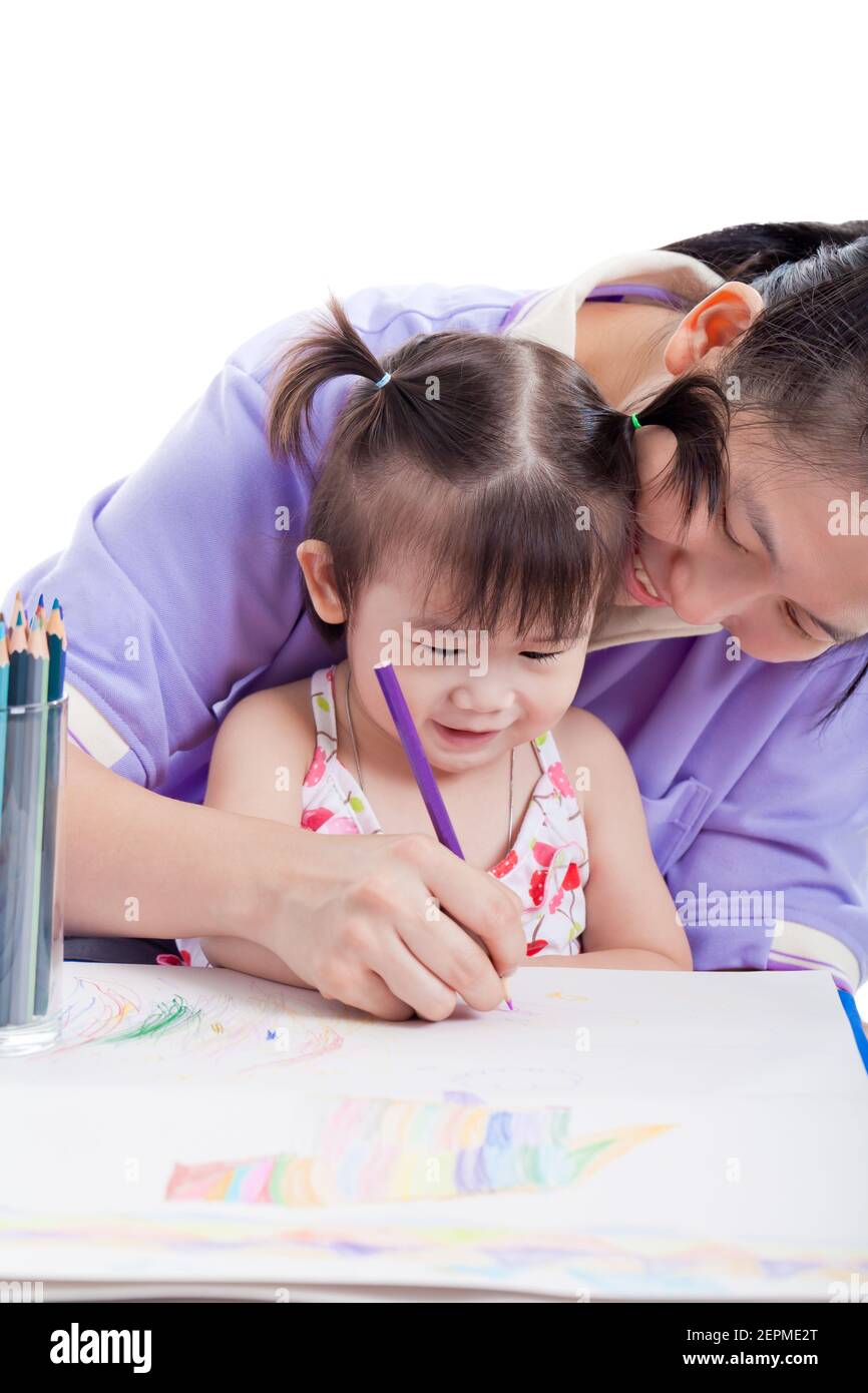 Portrait of woman and little asian girl drawing, painting and smiling ... Portrait of woman and little asian girl drawing, painting and smiling ...