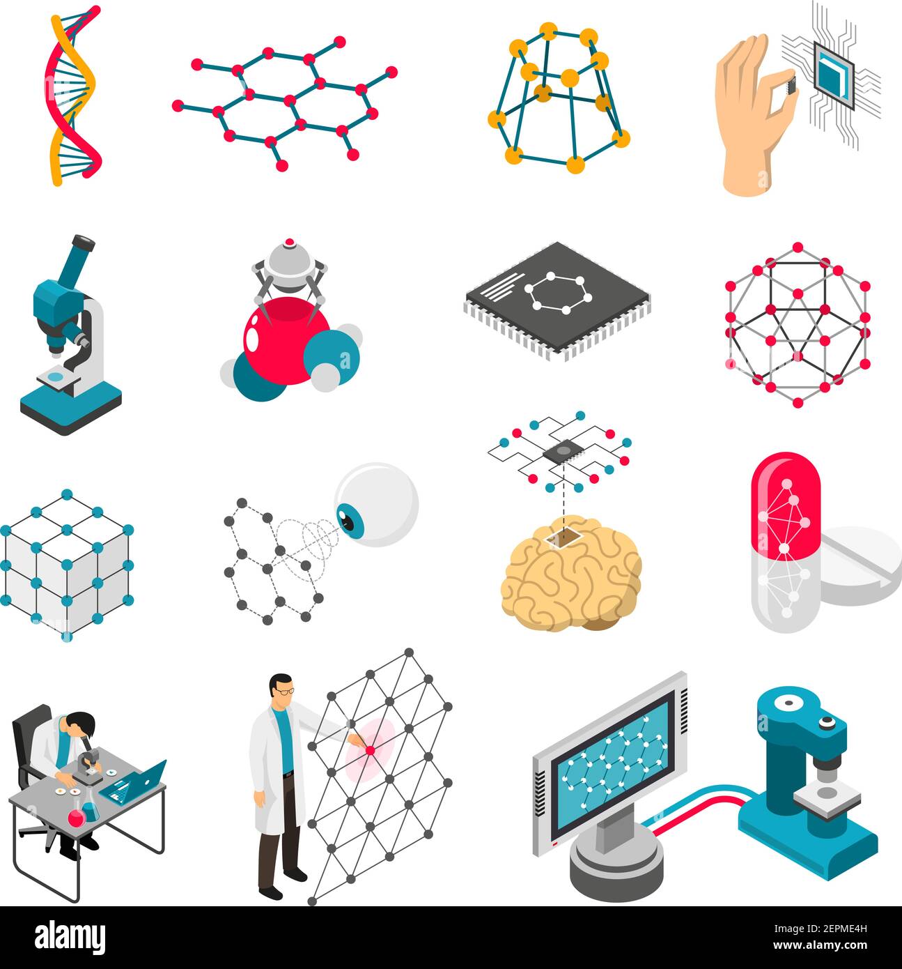 Nano technology set of isometric icons with scientific laboratory ...