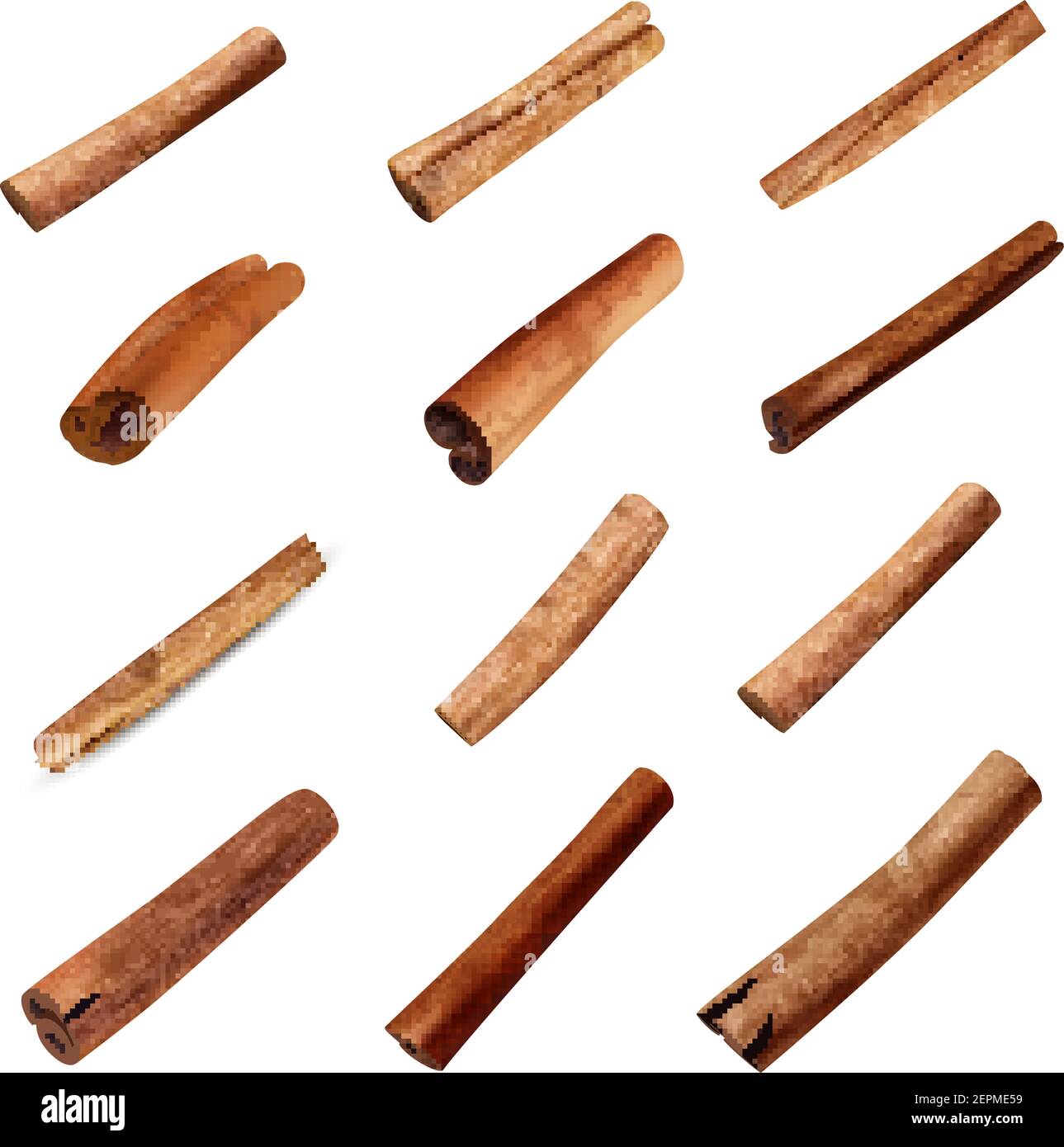 Set of 3d cinnamon sticks of brown color in roll shape isolated on ...